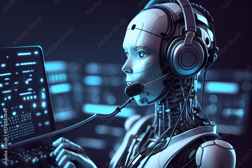 Humanoid AI cyborg working in a call center. generative AI Stock ...