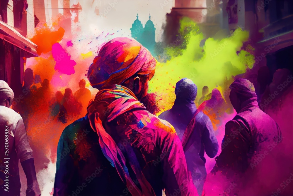 People celebrating the Holi festival of colors in Nepal or India ...