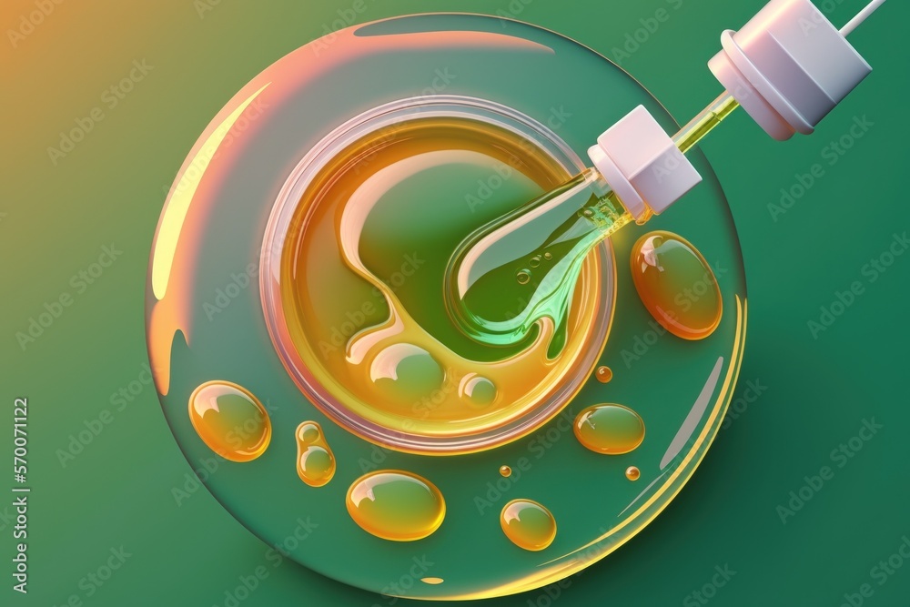 Injecting oil into translucent fluid in a petri dish with a lab dropper ...