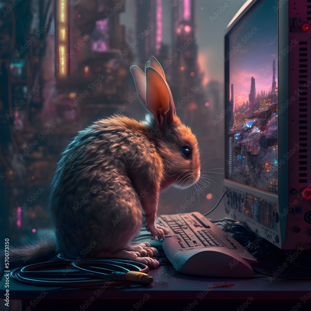 rabbit working on a quantic computer in a micro cyberpunk city world ...