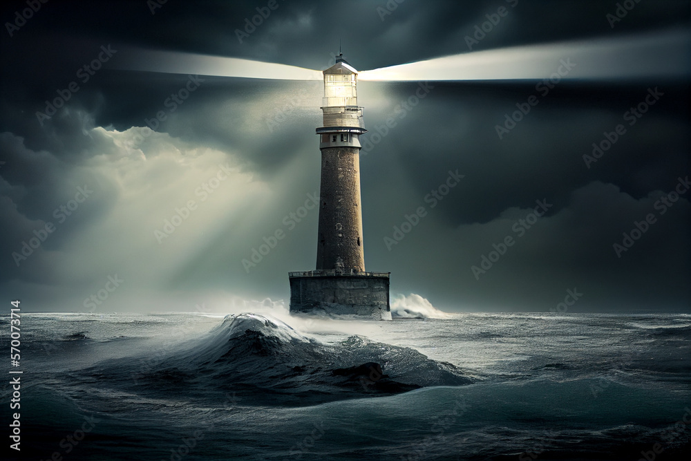 Beautiful night sky behind a shining lighthouse during a storm and ...