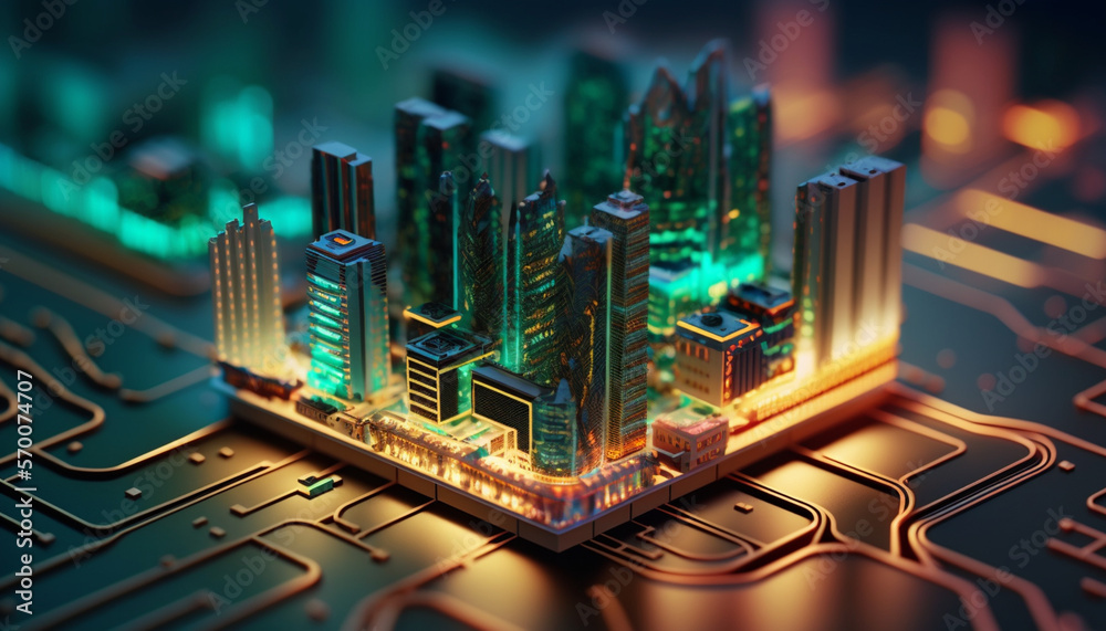 3D isometric board modern city concept on a computer units. Ai ...