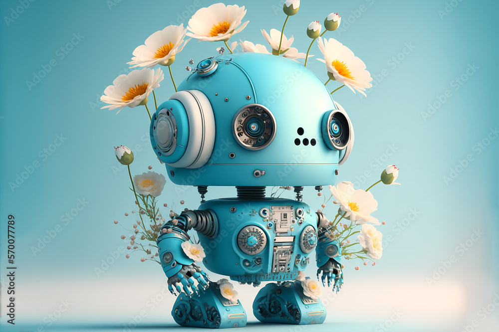 Cute little robot with flowers - Generative AI Stock Illustration ...
