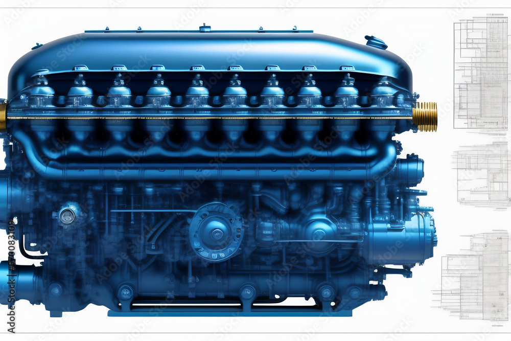 ภาพประกอบสต็อก Plano del motor de un automóvil, muestra sus diversos ...
