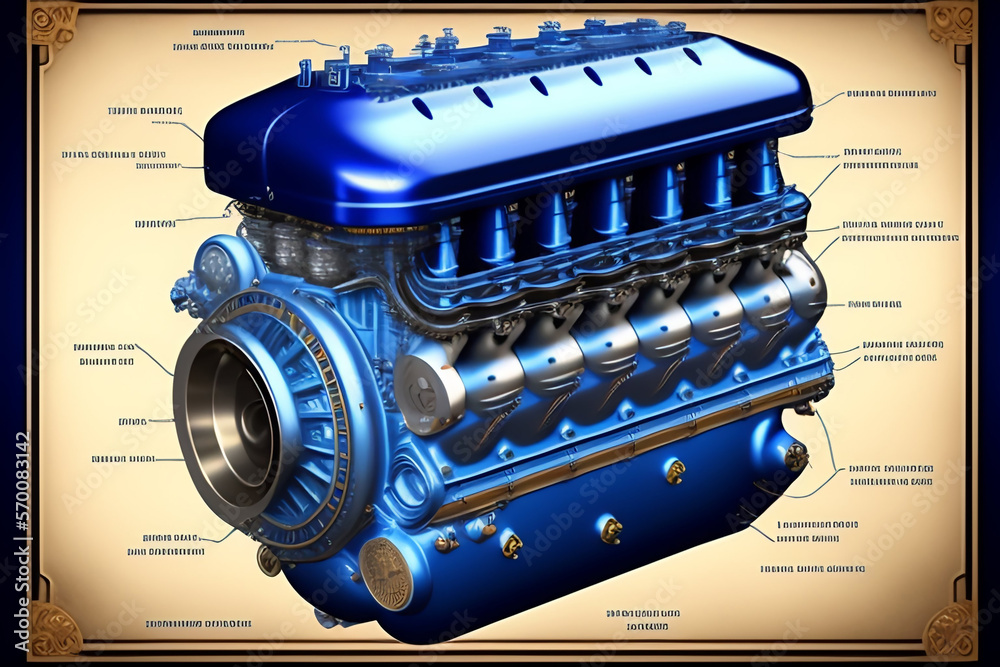 Plano del motor de un automóvil, muestra sus diversos componentes, como ...