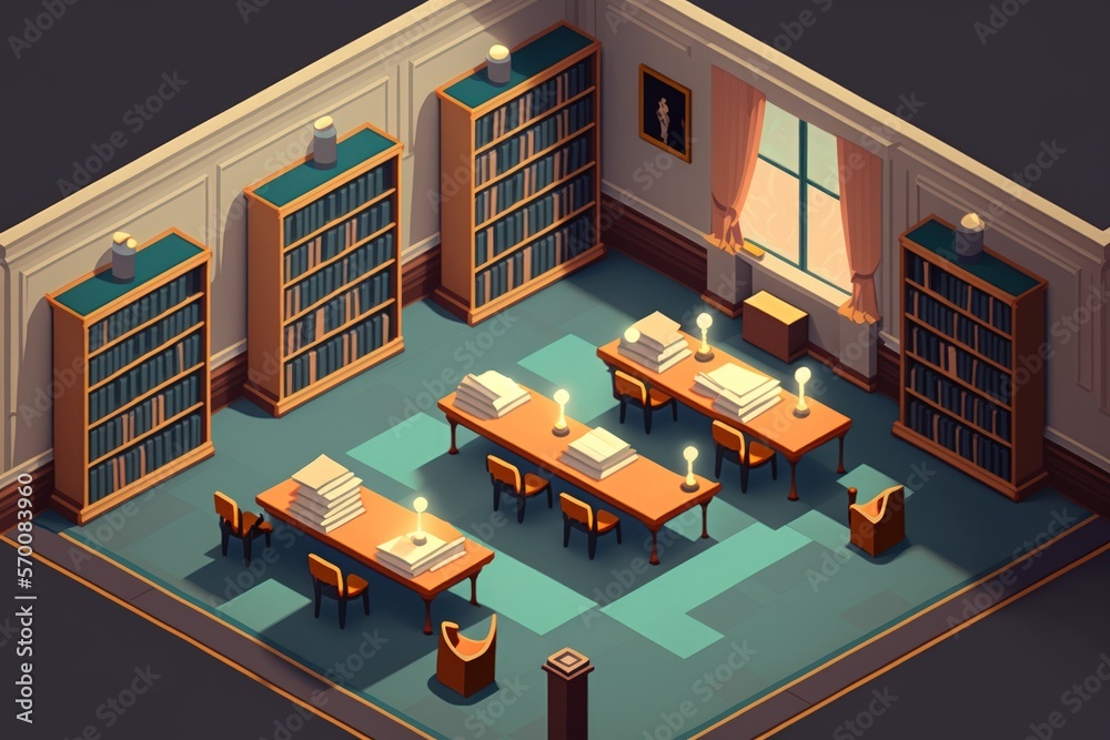 Interior of empty library with bookshelves and seating arrangement ...