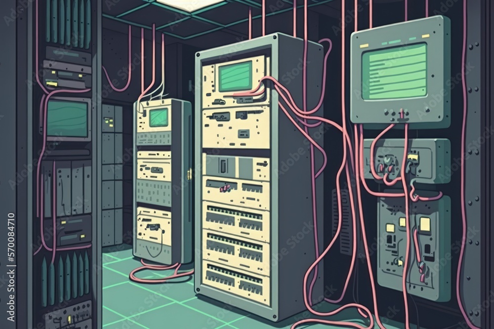 The server room of the data center is filled with communication wires ...