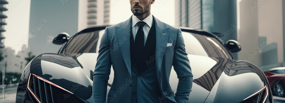 Realistic illustration of a Man in suit standing by the supercar ...