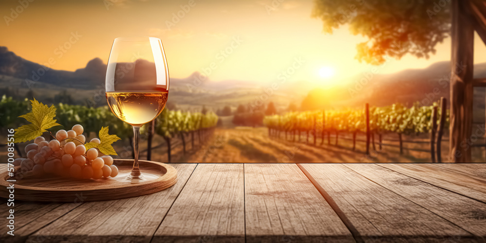 Empty wood table top with a glass of wine on blurred vineyard landscape ...