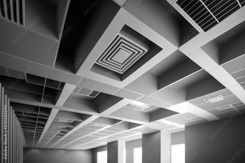 Ceiling in business center with ventilation tubes, concept of Airflow ...