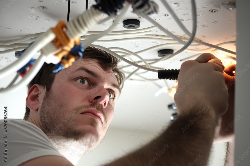 ภาพประกอบสต็อก Electrician working on electrical wires in a ceiling ...