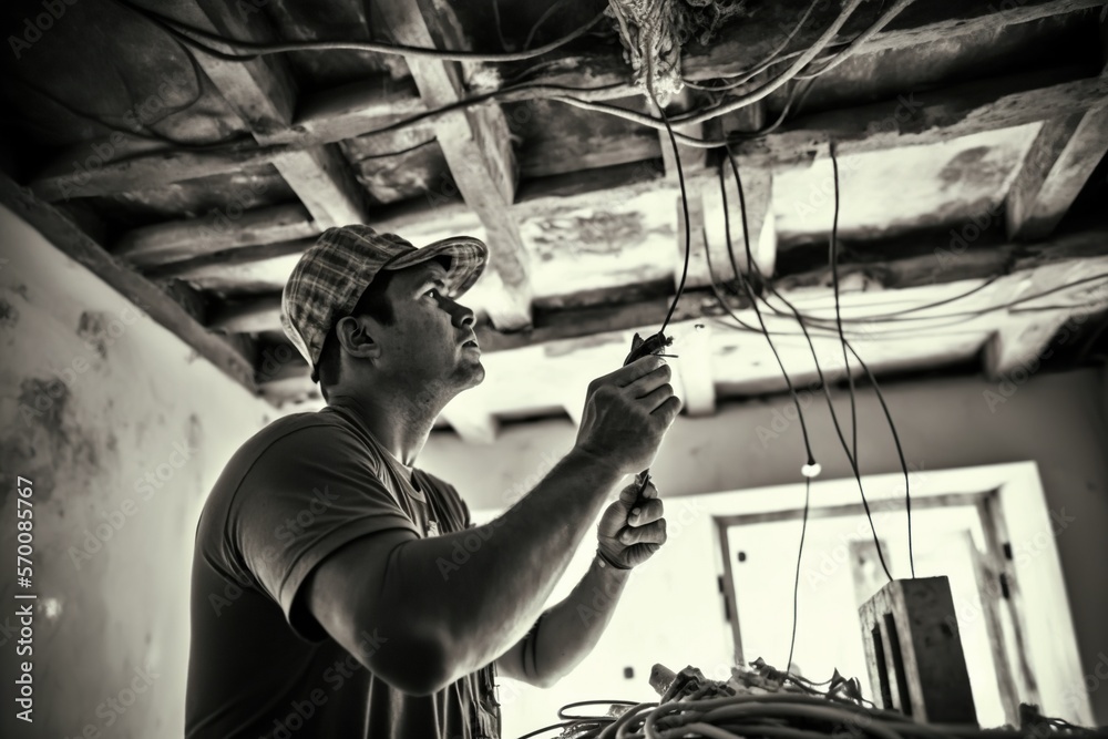 Electrician working on electrical wires in a ceiling, concept of High ...