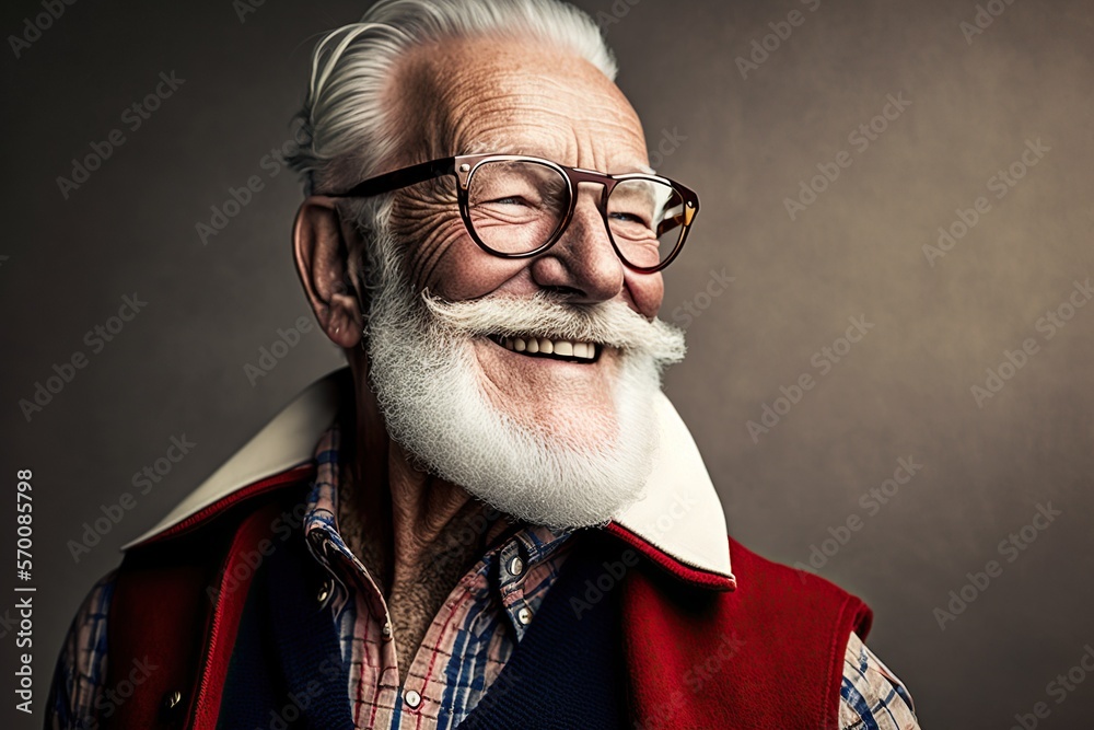 Fashion model grandpa man happy, studio lighting, copyspace, concept of ...