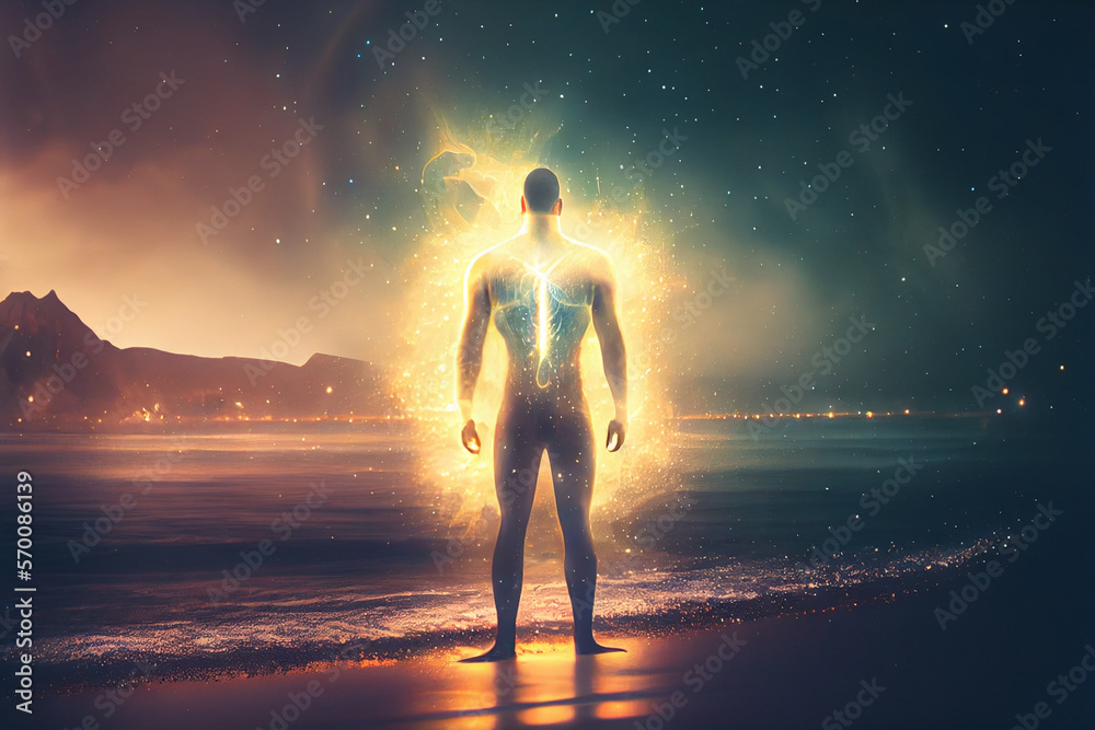 Spiritual person with aura Healing energy standing near the ocean. Aura ...