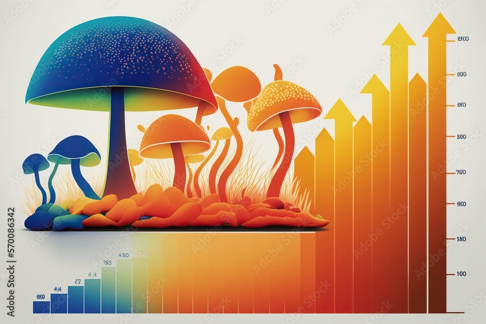 Mushrooms and graphs of temperature growth climate warming, concept of ...