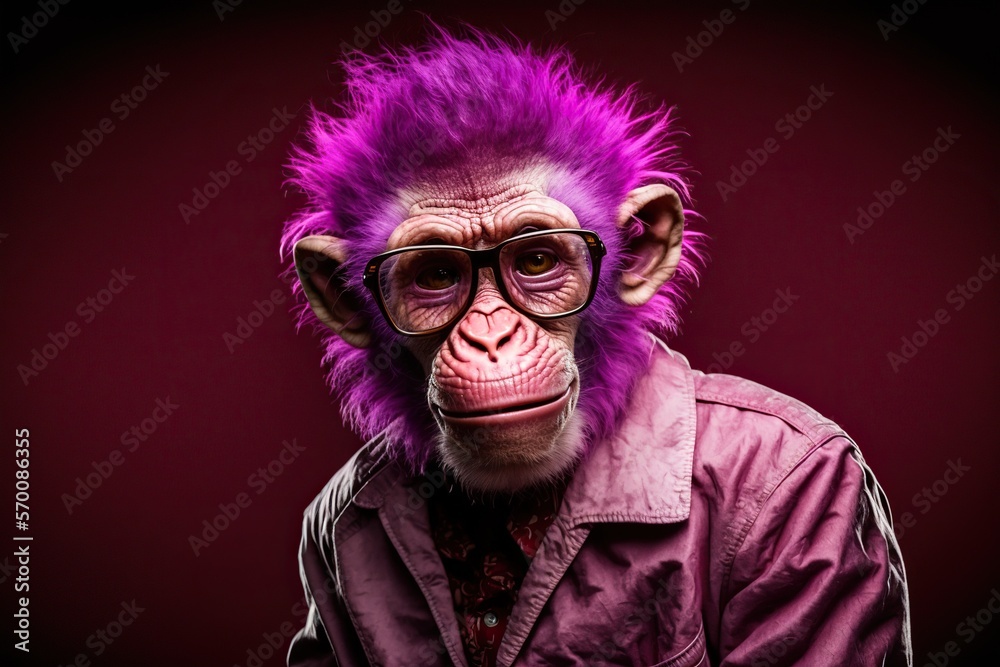 Nerd monkey smiling, magenta, concept of Studio Portrait and Magenta ...