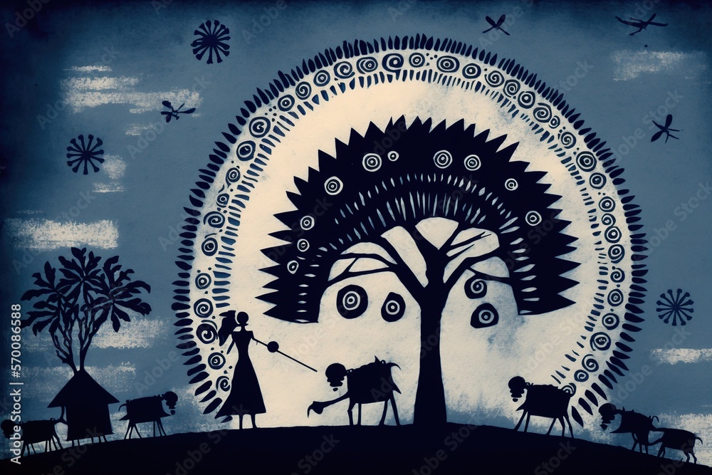 Sky painted in warli style, concept of Folk Art and Tribal Art, created ...