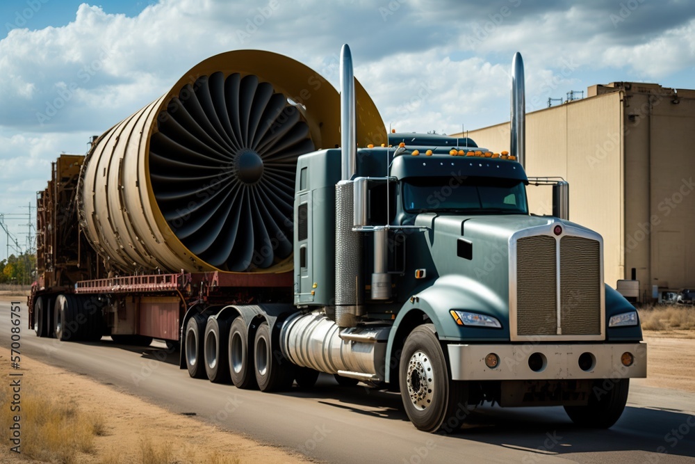 Truck with a large industrial ventilator being transported to a ...
