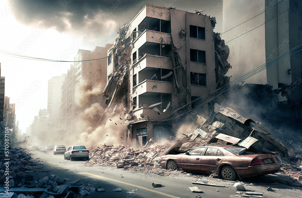Destroyed quarter city with collapsed buildings and vehicles crushed ...