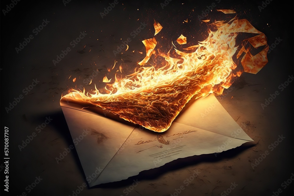 burning postal envelope with a letter on an isolated background created ...