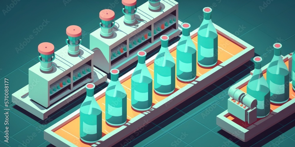 Pure spring water is processed and packaged into little bottles on a ...