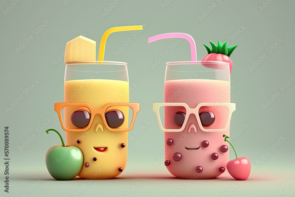 Cute funny cartoon glasses with sunglasses filled fresh fruit juices ...