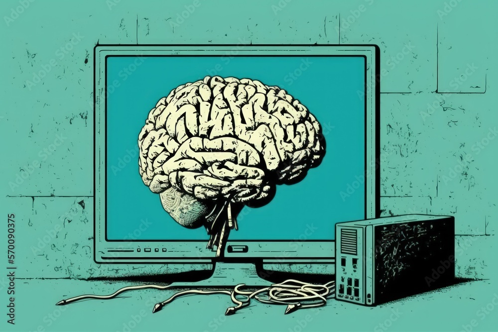 Sketch of a human brain on a contemporary computer background in a ...