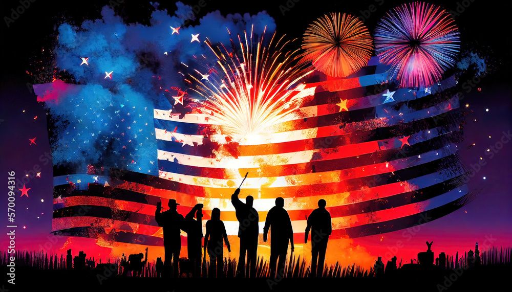 Colorful patriotic fireworks display and veterans silhouette for ...