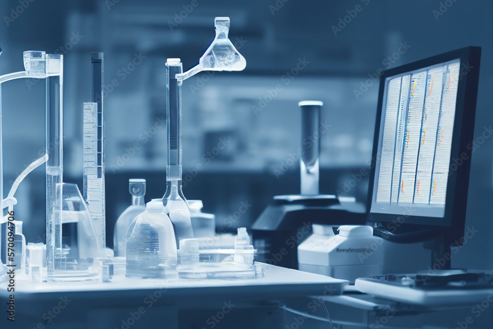 Science, research and medicine in the lab with equipment like analyzer ...