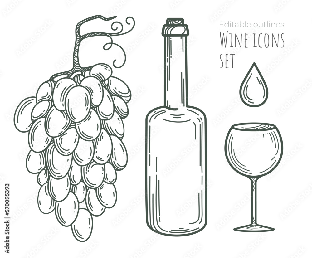 Vector wine set of line elements with editable outlines. Grape bunch ...
