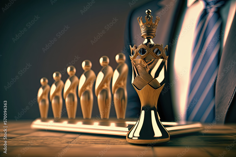 Leadership, chess pieces on a chess board, a lion or leader leads the ...