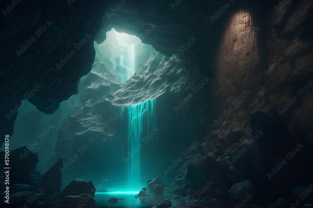 underground cliffside spectacular large waterfall teal colored accents ...
