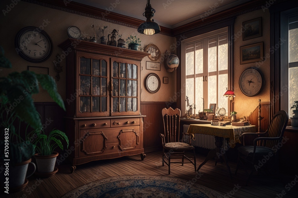 Interior of a vintage living room, chill, retro background, generative ...