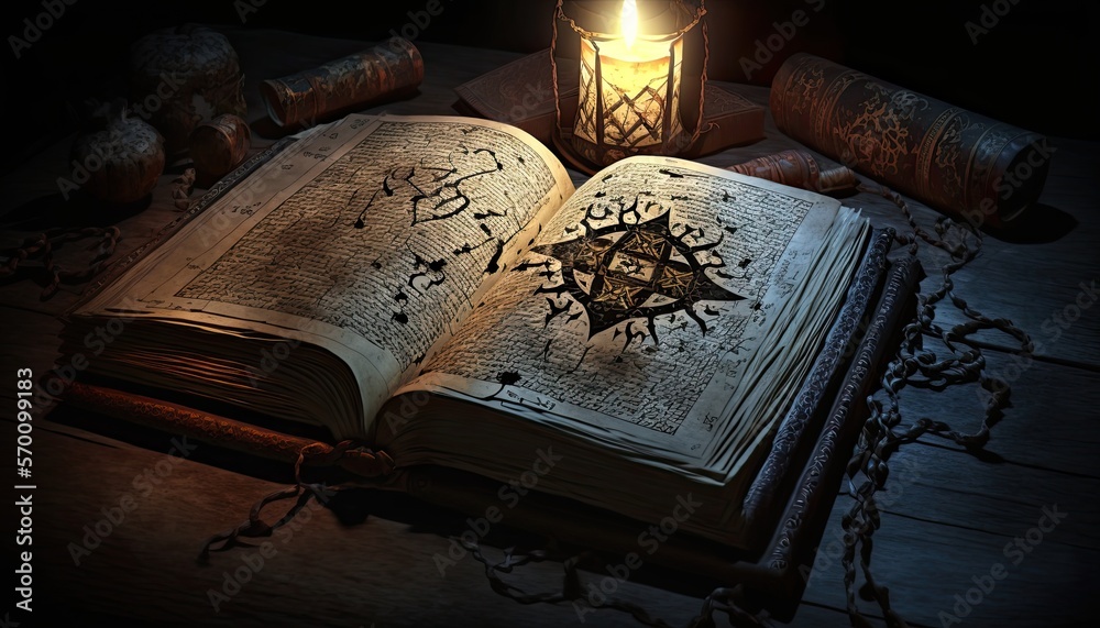 Necronomicon spell book on a wooden table by candle light generative ai ...
