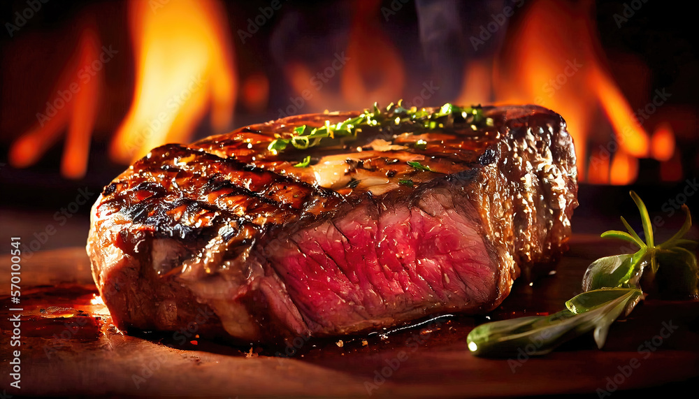 Delicious Medium Rare Steak Being Grilled On An Iron Grill And Flam Broiled Juicy And Delicious