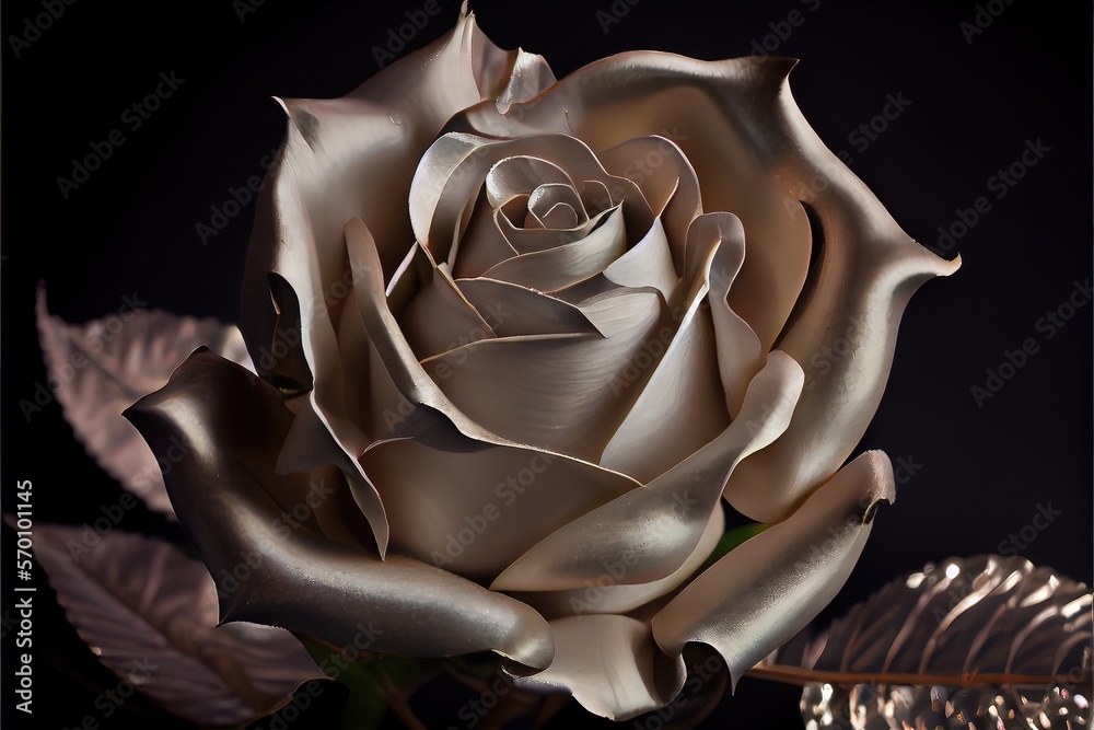 Silver rose - delicate floral petals and stem made of metal in black ...