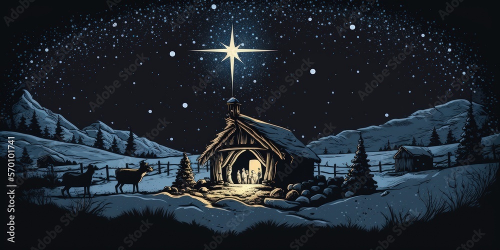Nativity Scene The Birth of Jesus Christ with the manger in a starry ...