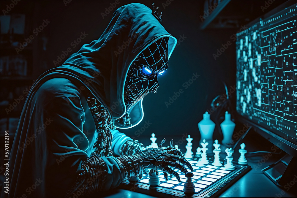 Hacker playing a chess while hacking in front of computer - AI ...