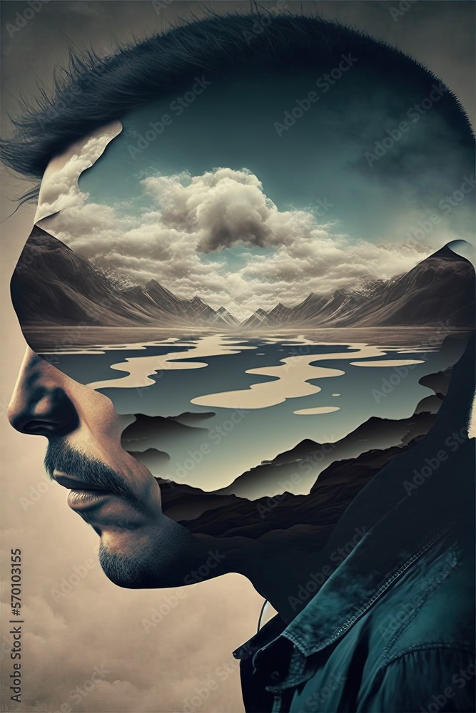 state of mind concept art. profile fading into a surreal landscape ...