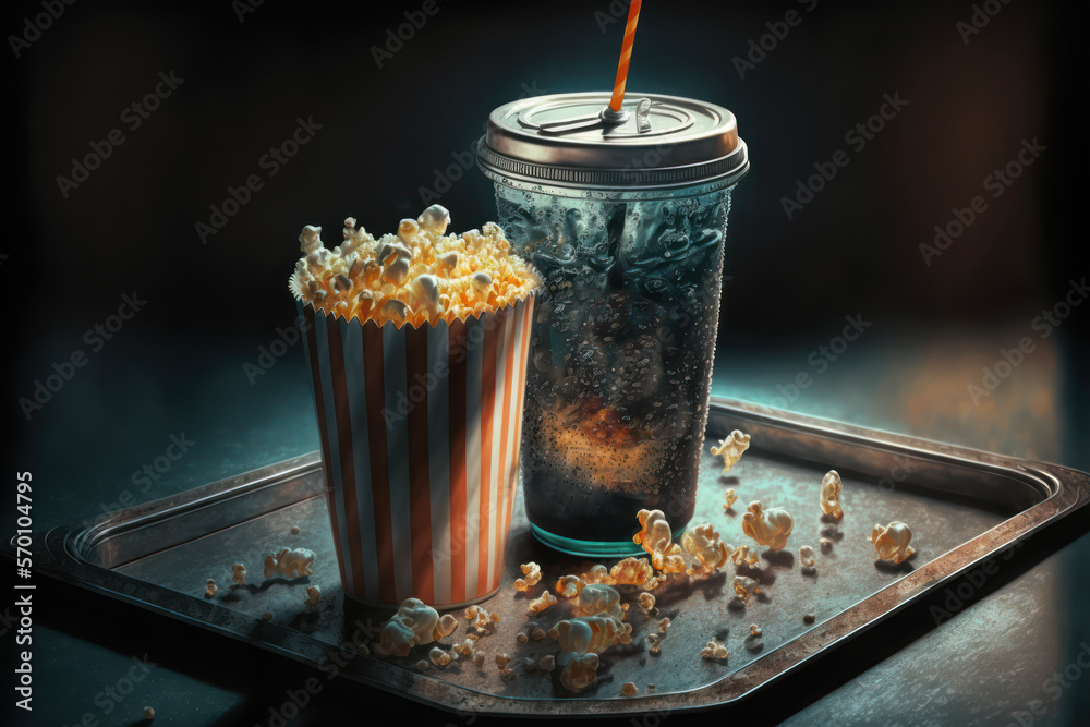 Bucket of popcorn and large soda on tray on top of cinema seat with ...