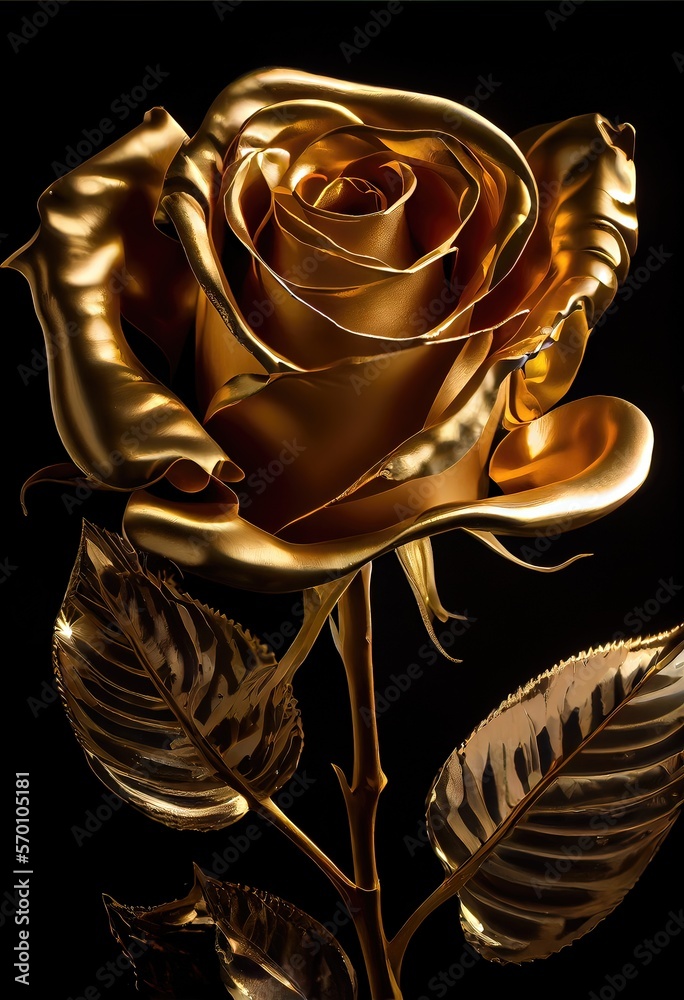 Gold rose - a metal rose made of 24k golden material isolated in a ...
