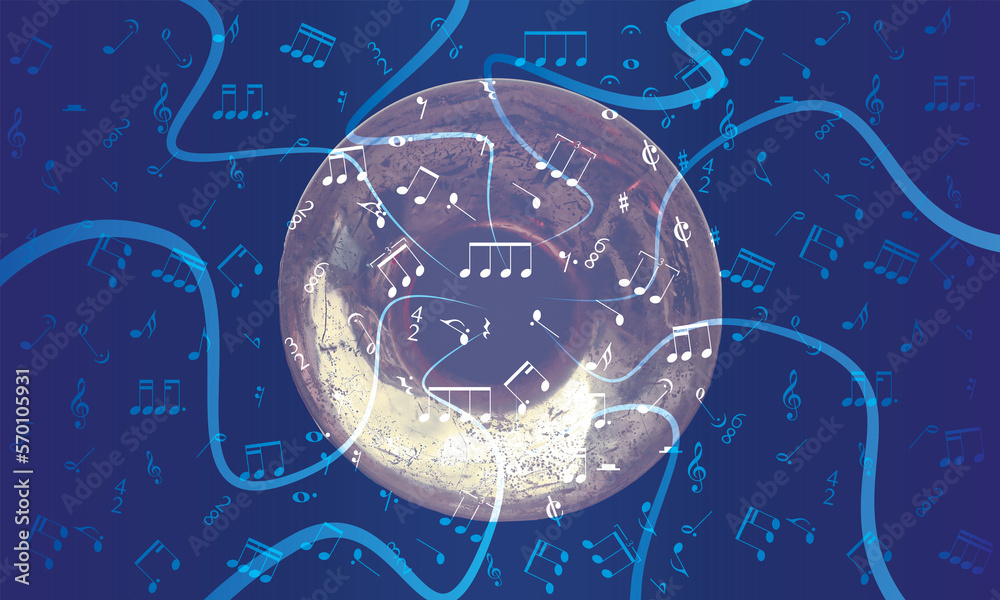 abstract musical background in blue with a bras horn and music notes ...
