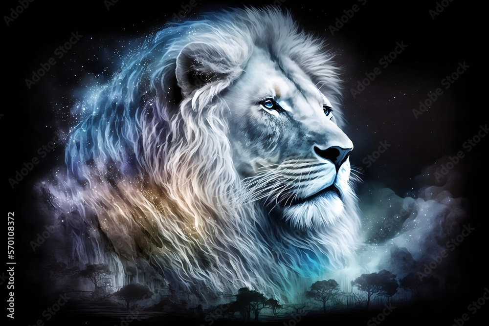 Noble white lion portrait with northern lights aurora in oilpainting ...