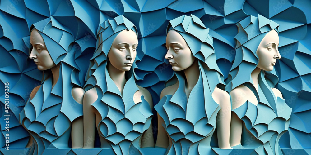 A group of women portrayed in a very abstract way, optical illusion ...