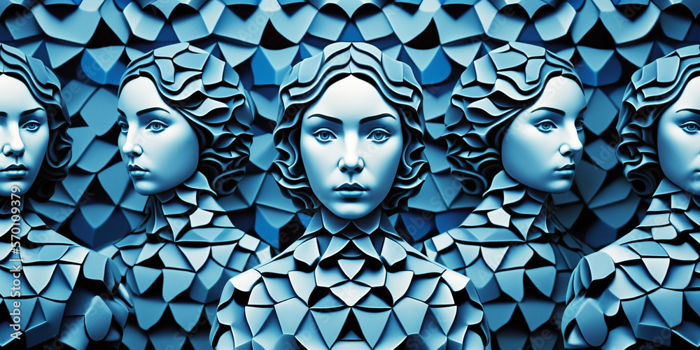 A group of women portrayed in a very abstract way, optical illusion ...