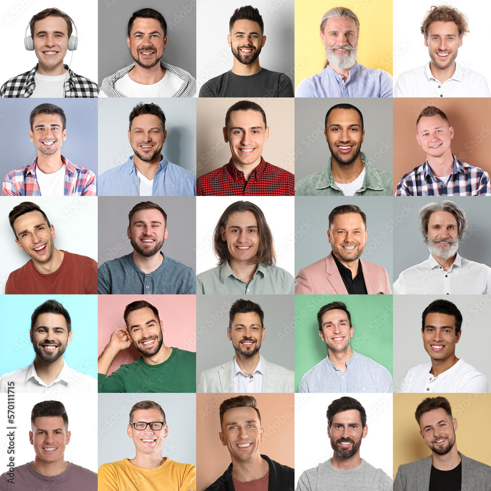 Collage with portraits of happy men on different color backgrounds ...