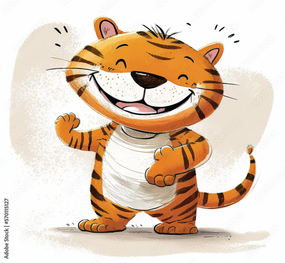 Cartoon illustration of a funny little tiger jumping fun on a white ...