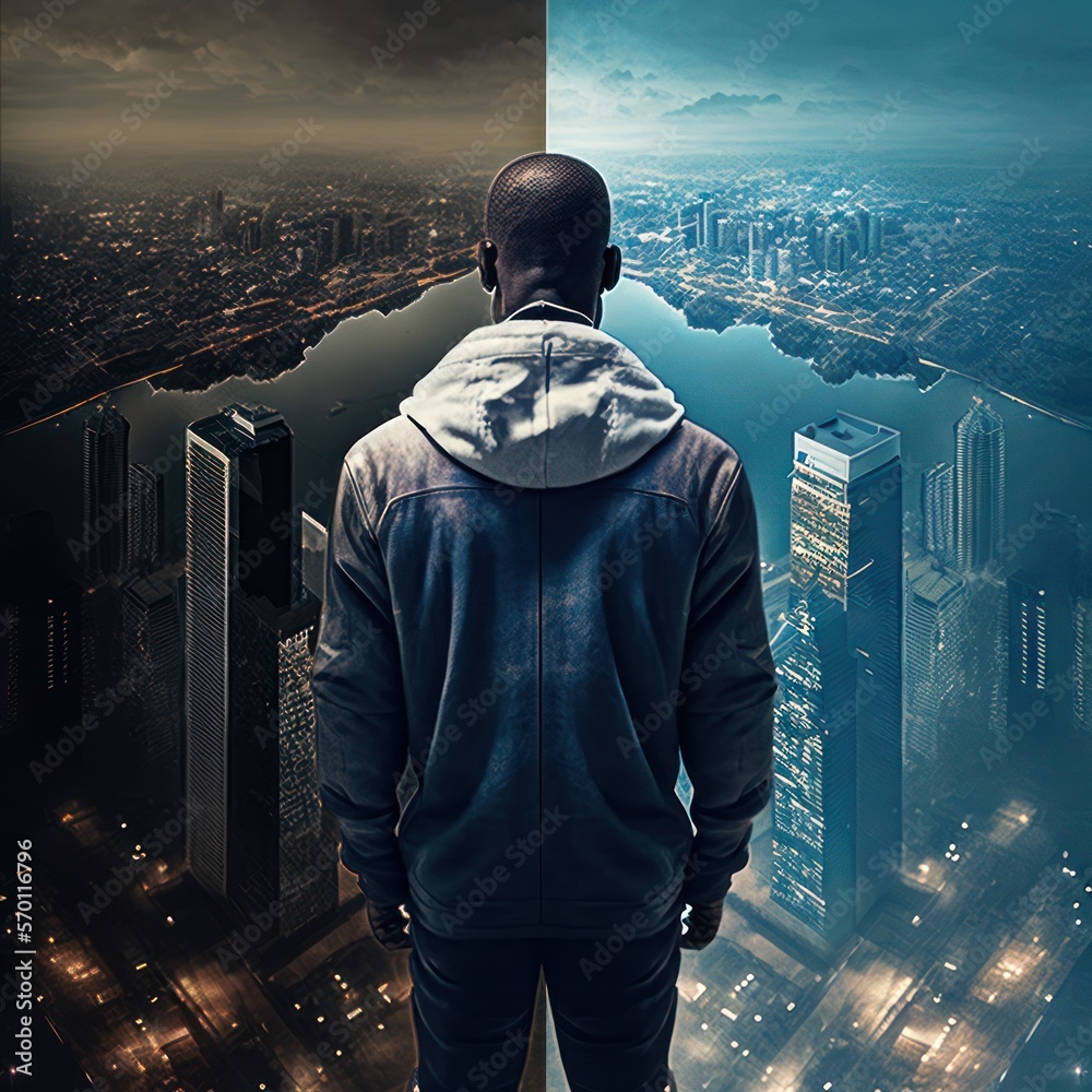 African American black man standing tall above city symbolizing humble ...