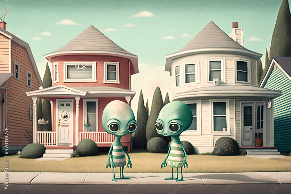 Cute, very adorable grey alien people with huge eyes and smiling ...