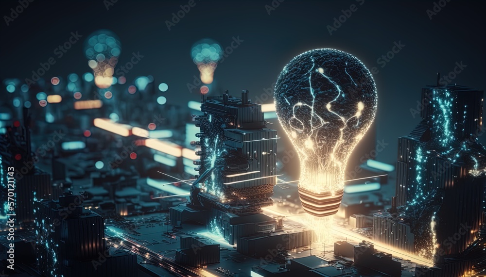 Digital futuristic imaginative smart city illustration, connected ...
